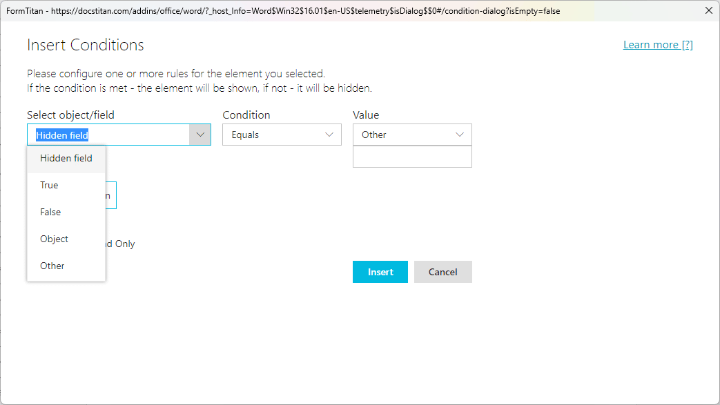 Word Add-in – Conditions on Hidden Fields | Titan Docs